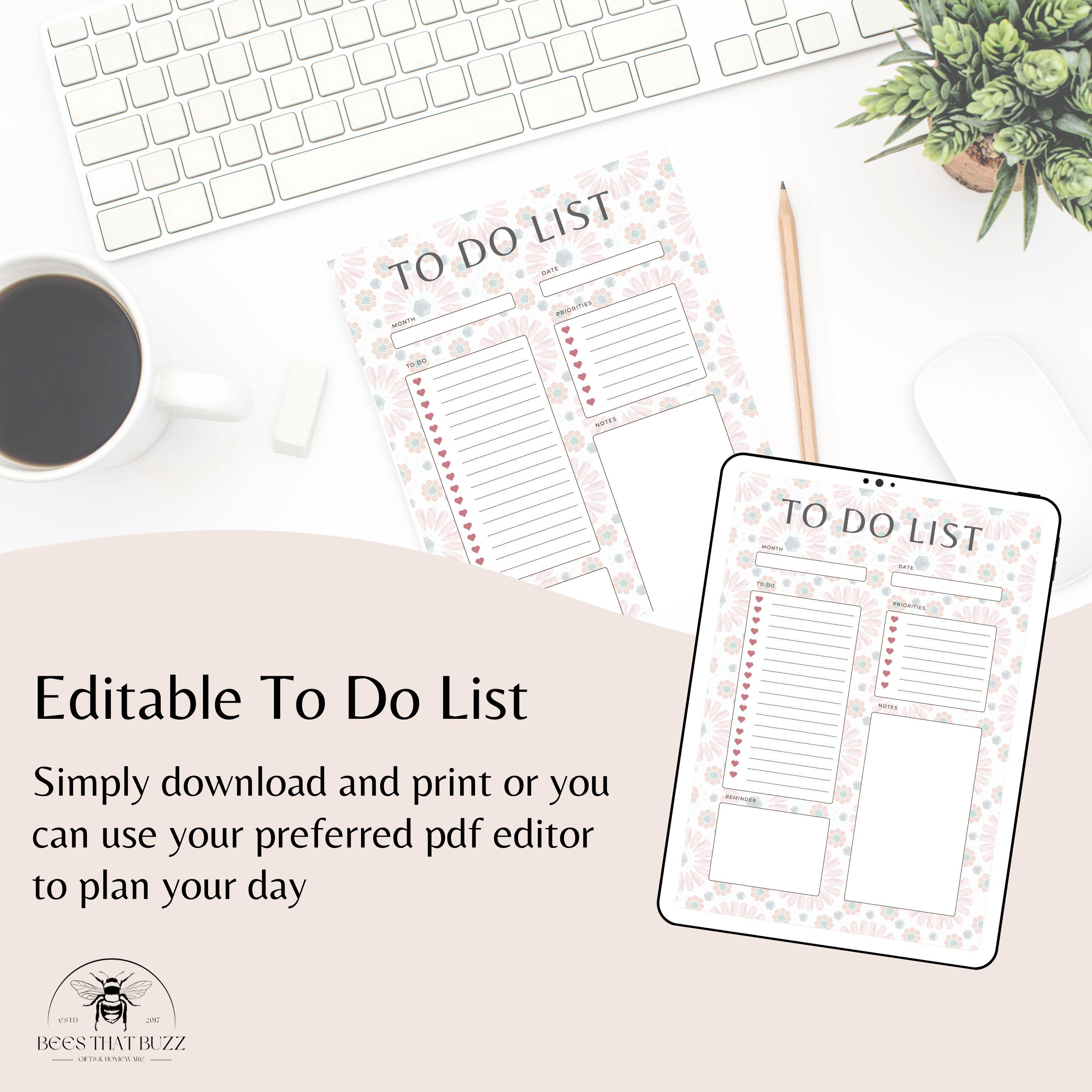 Pretty Floral to Do List Printable Cute Floral Tile Design Organized ...