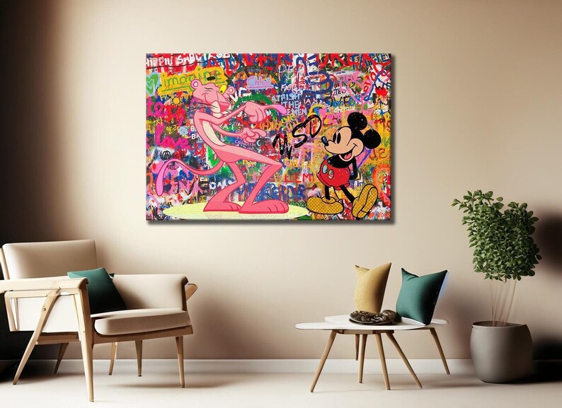 Mickey Mouse and Panther Posing Pop Art Canvas Wall Art, Mickey Mouse ...