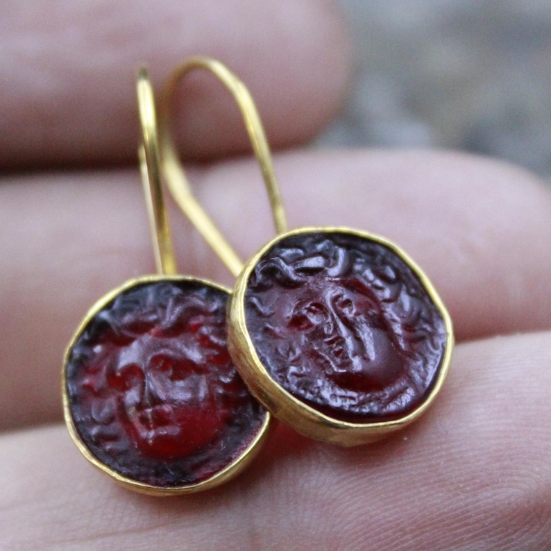 Medusa Enamel Intaglio Earrings: 24K Gold Over Sterling Silver, Greek ...