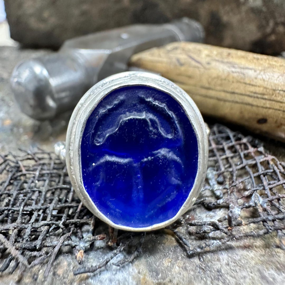 Handmade Enamel Intaglio Scarab Ring Silver Jewelry - 24K Gold Over ...