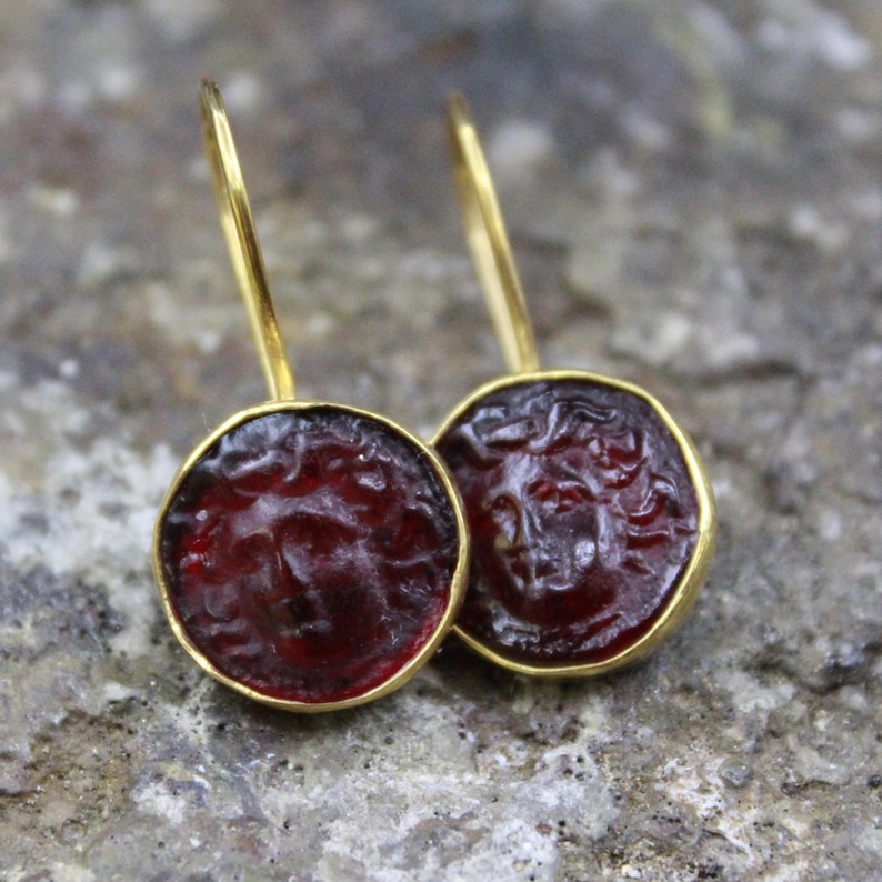 Medusa Enamel Intaglio Earrings: 24K Gold Over Sterling Silver, Greek ...