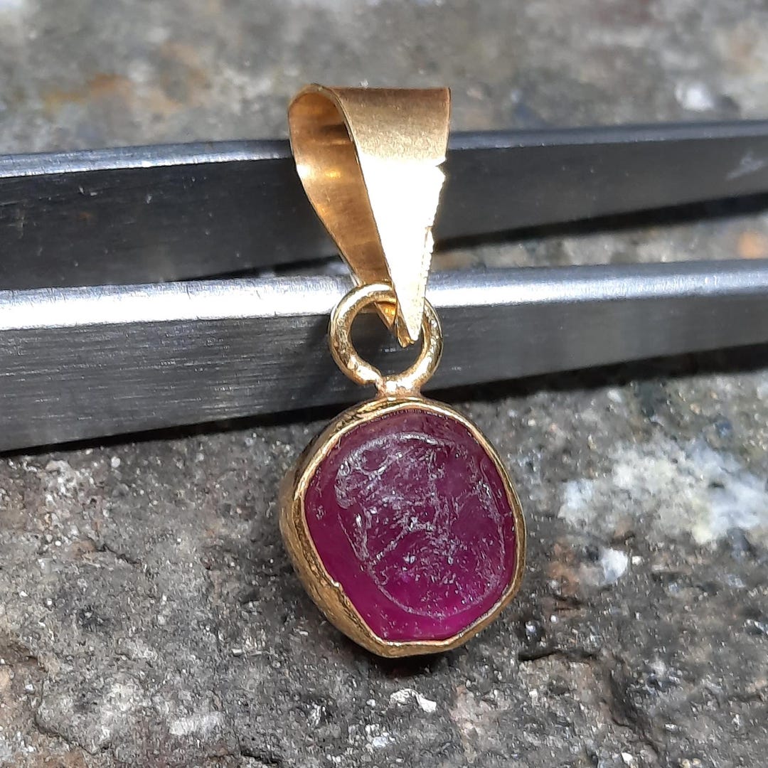 Natural Raw Red Ruby Pendant – 24K Gold Over 925K Solid Silver – Gift ...