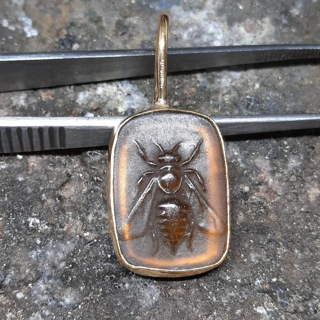 Handmade Enamel Honey Bee Intaglio Pendant: 24K Gold Over Sterling ...