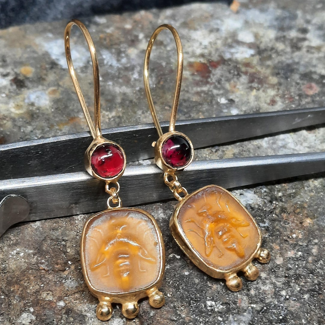 Handmade Honey Bee Intaglio Earrings Jewelry With Garnet - 925k Solid ...