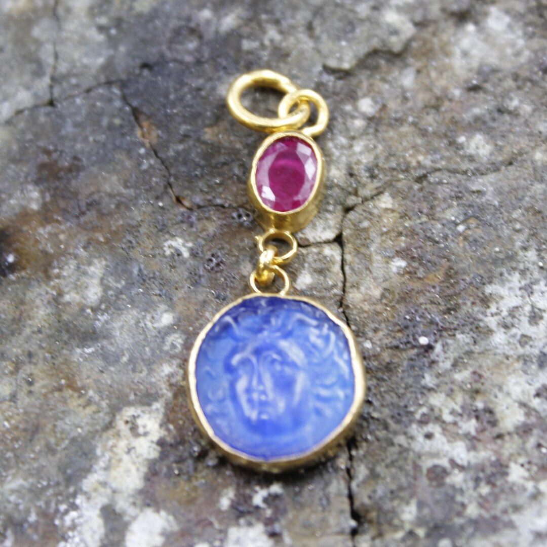 Handmade Enamel Medusa Intaglio Pendant With Ruby: 24K Gold Over ...