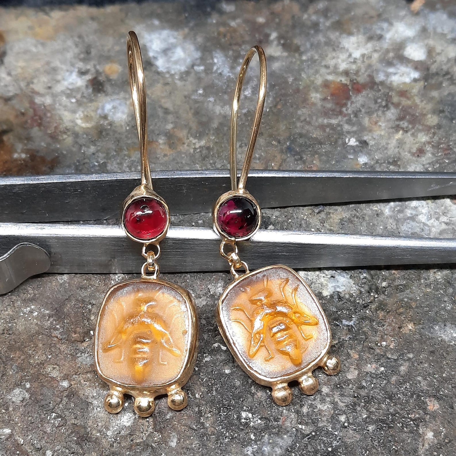 Handmade Honey Bee Enamel Intaglio Earrings: Garnet, 925k Solid Silver ...