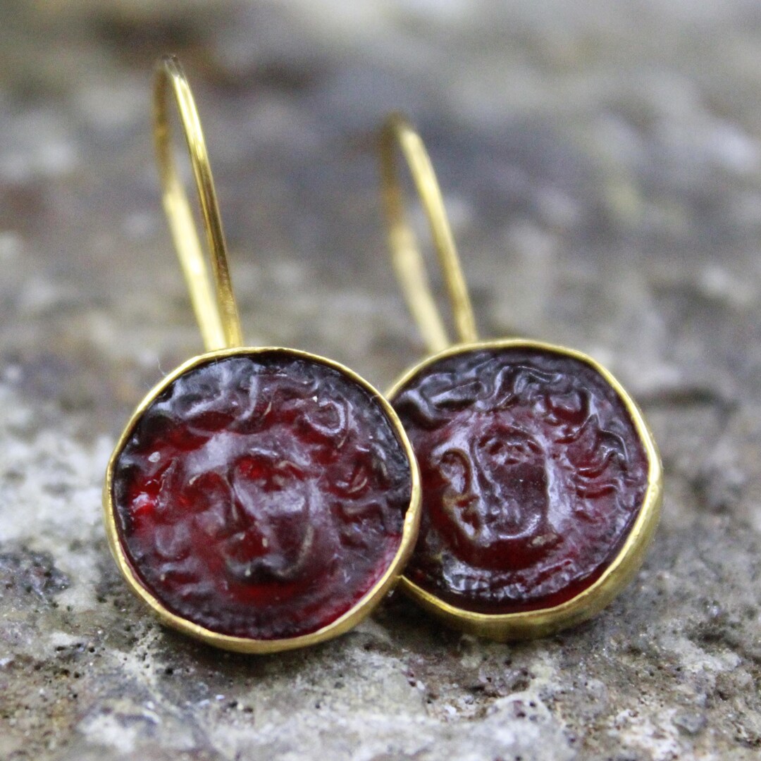 Medusa Enamel Intaglio Earrings: 24K Gold Over Sterling Silver, Greek ...