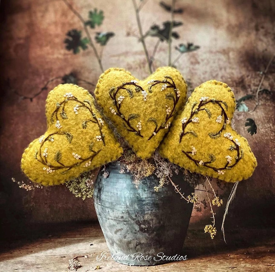 Wee Embroidered Hearts in Honey Mustard - Etsy