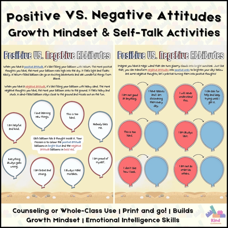 Positive VS. Negative Attitudes Worksheet for Kids | Growth Mindset ...