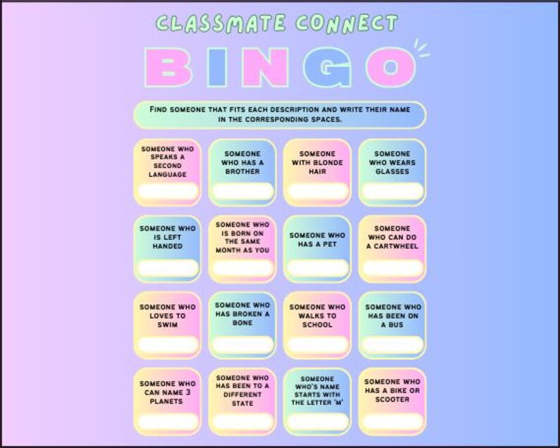 Classmate Connect Bingo/building Bonds/ice Breaker/first Day/class ...