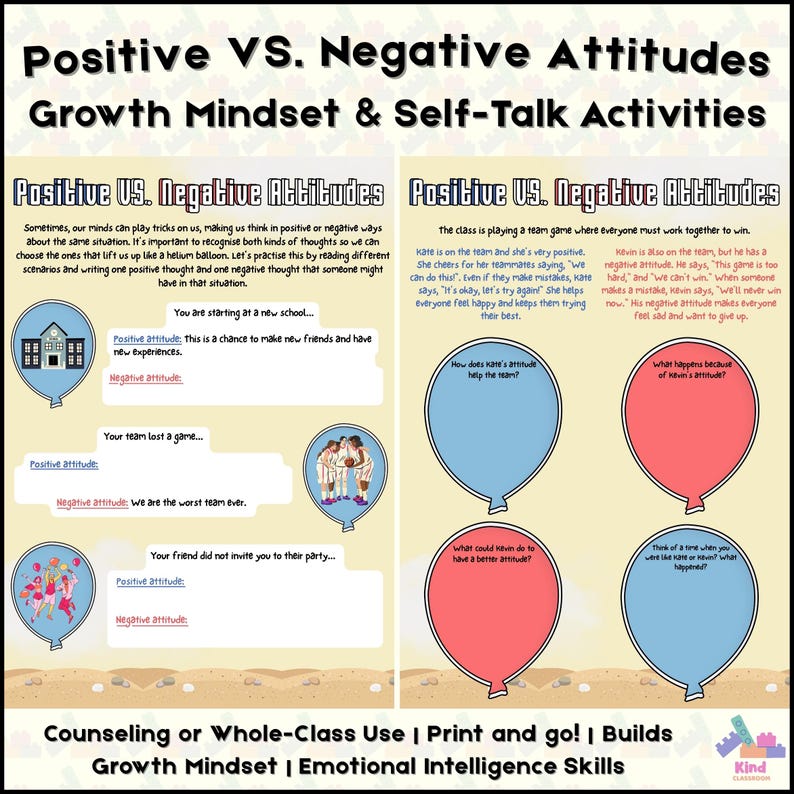 Positive VS. Negative Attitudes Worksheet for Kids | Growth Mindset ...