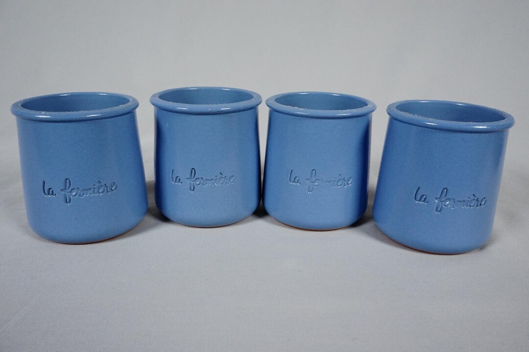 Four La Fermiere Blue French Cermer Glazed Terra Cotta Pots Yogurt Cups ...