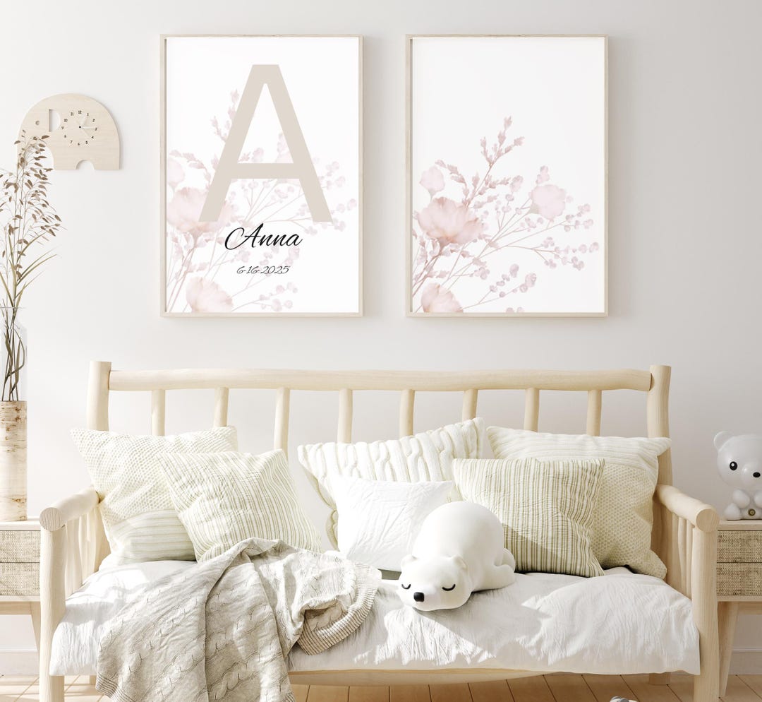 Custom Boho Wildflower Set of 3 Nursery Wall Art, Baby Girl Pink Floral ...