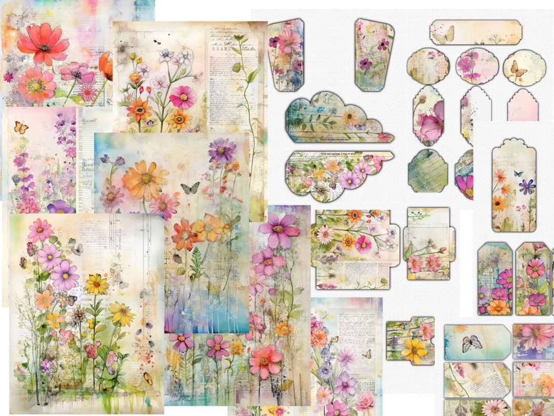 Watercolor Wildflowers - Skinny Mini Kit Includes: 10 Pages, 10 SM Tags ...