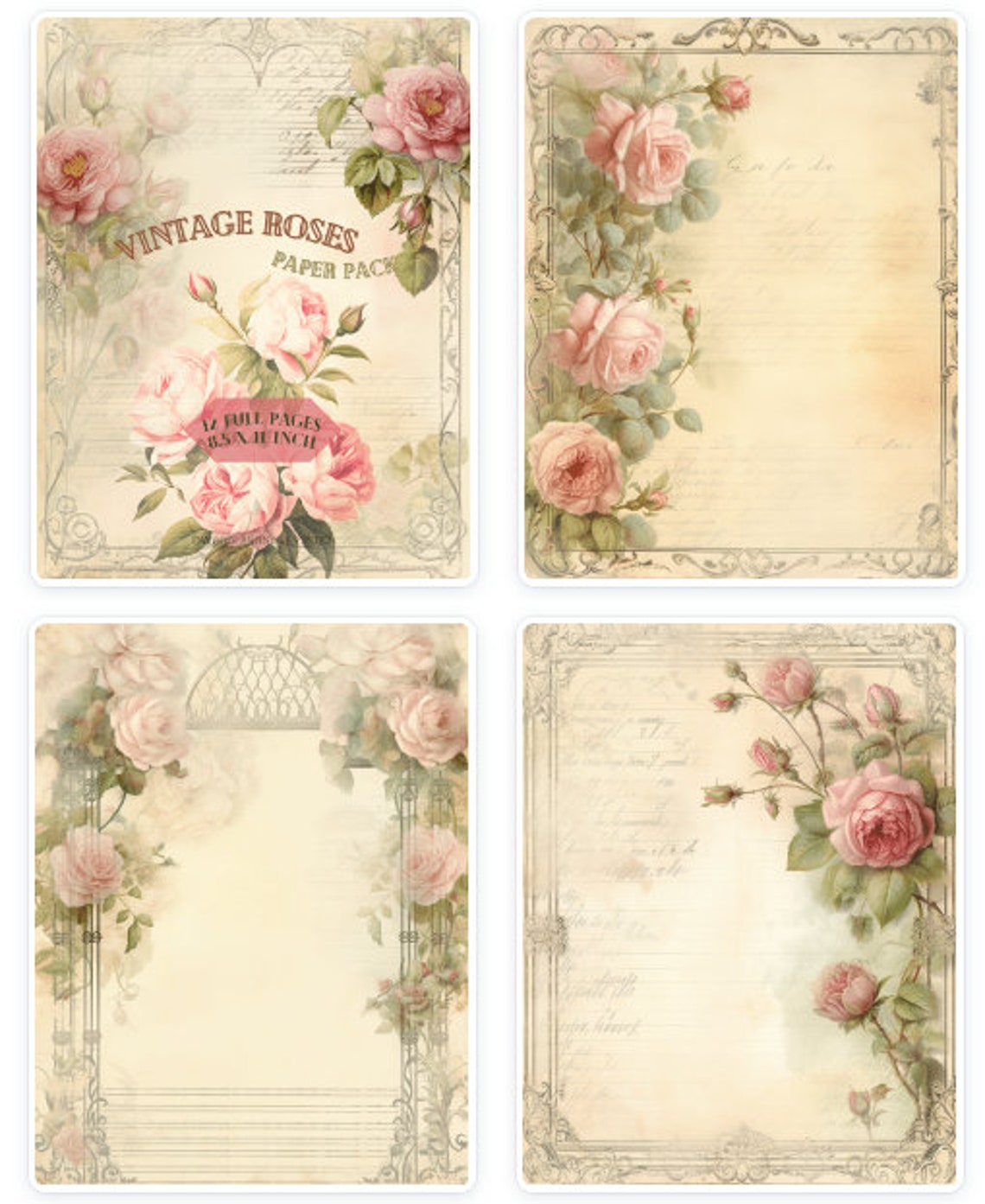 Vintage Roses Paper Pack Includes: 12 Full Pages 8.5x11 Inches, Pink ...