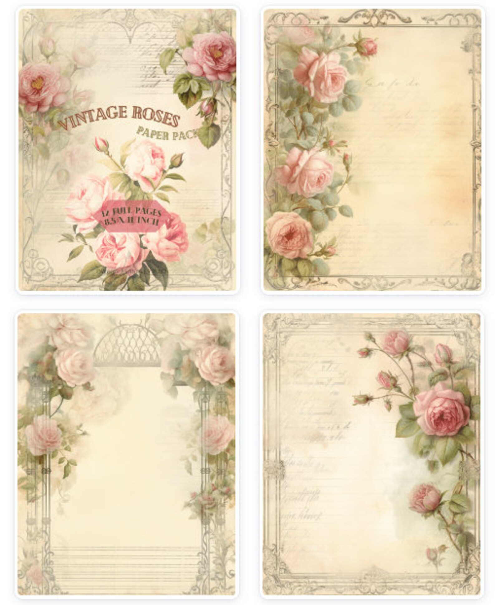 Vintage Roses - Paper Pack Includes: 12 Full Pages 8.5x11 Inches, Pink ...