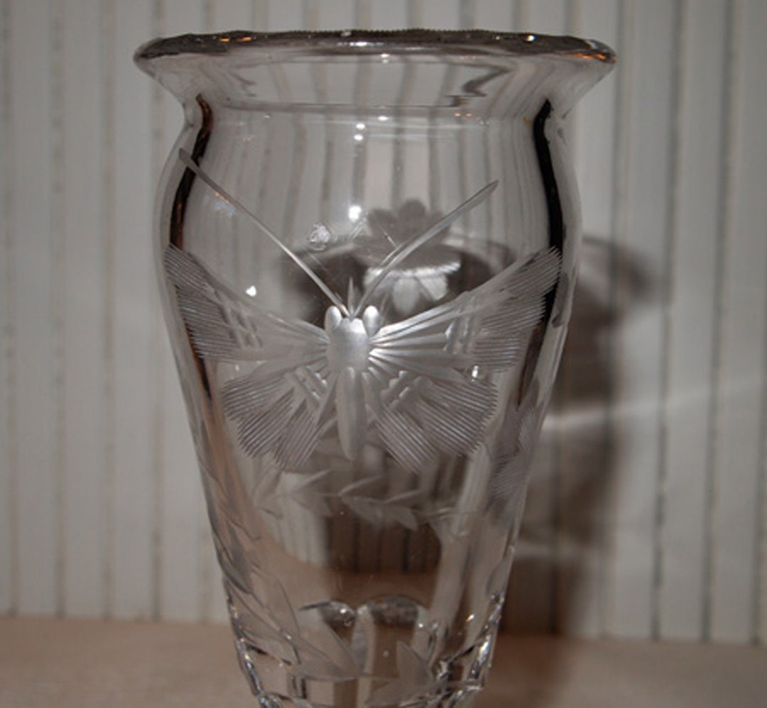 EAPG Engraved and Cut Glass Butterfly and Floral Vase - Etsy