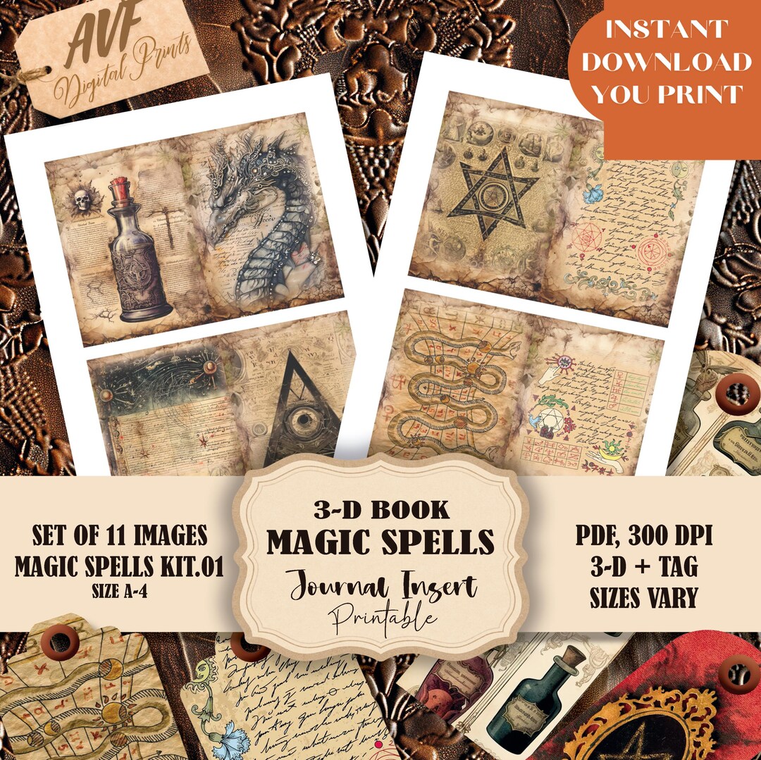 3D Magic Book Spells, Junk Journal, Scary Halloween Labels, Ephemera ...