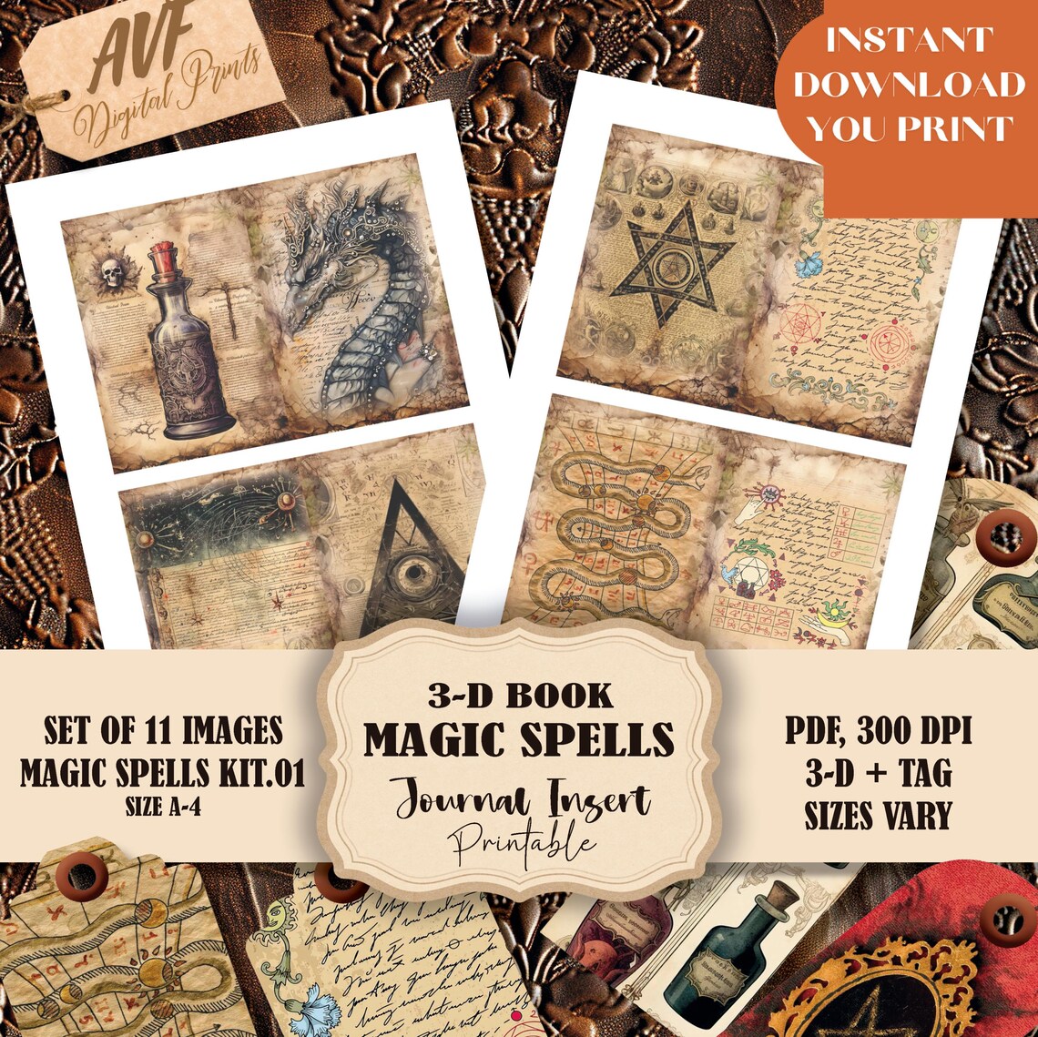 3D Magic Book Spells, Junk Journal, Scary Halloween Labels, Ephemera ...