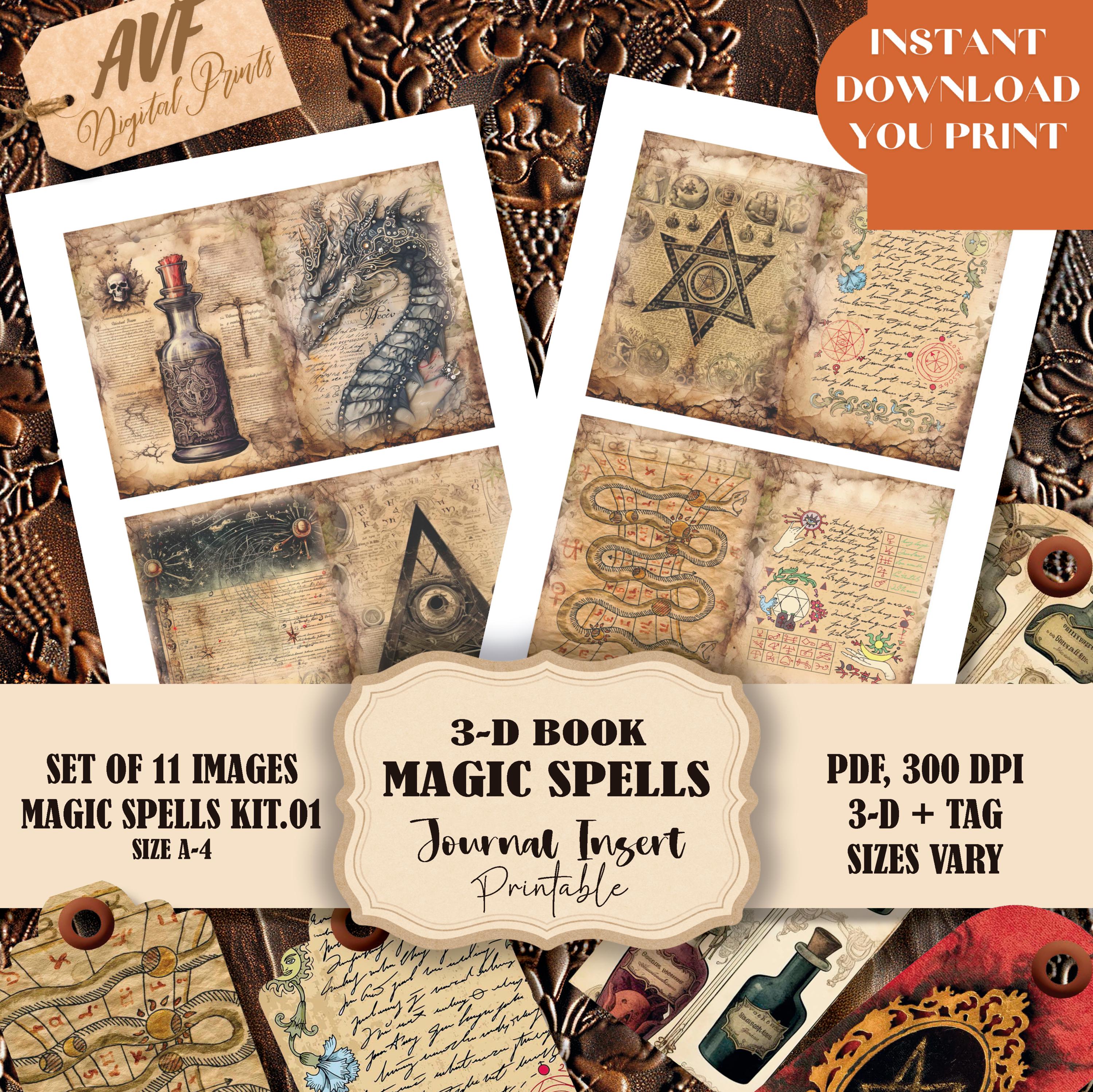 3D Magic Book Spells, Junk Journal, Scary Halloween Labels, Ephemera ...