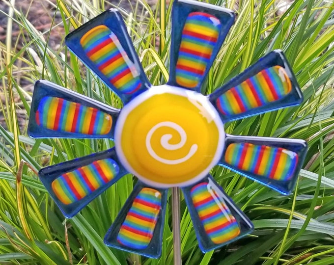 Glassworks Northwest - Blue Flower With Rainbow Stripes Plant Stake ...