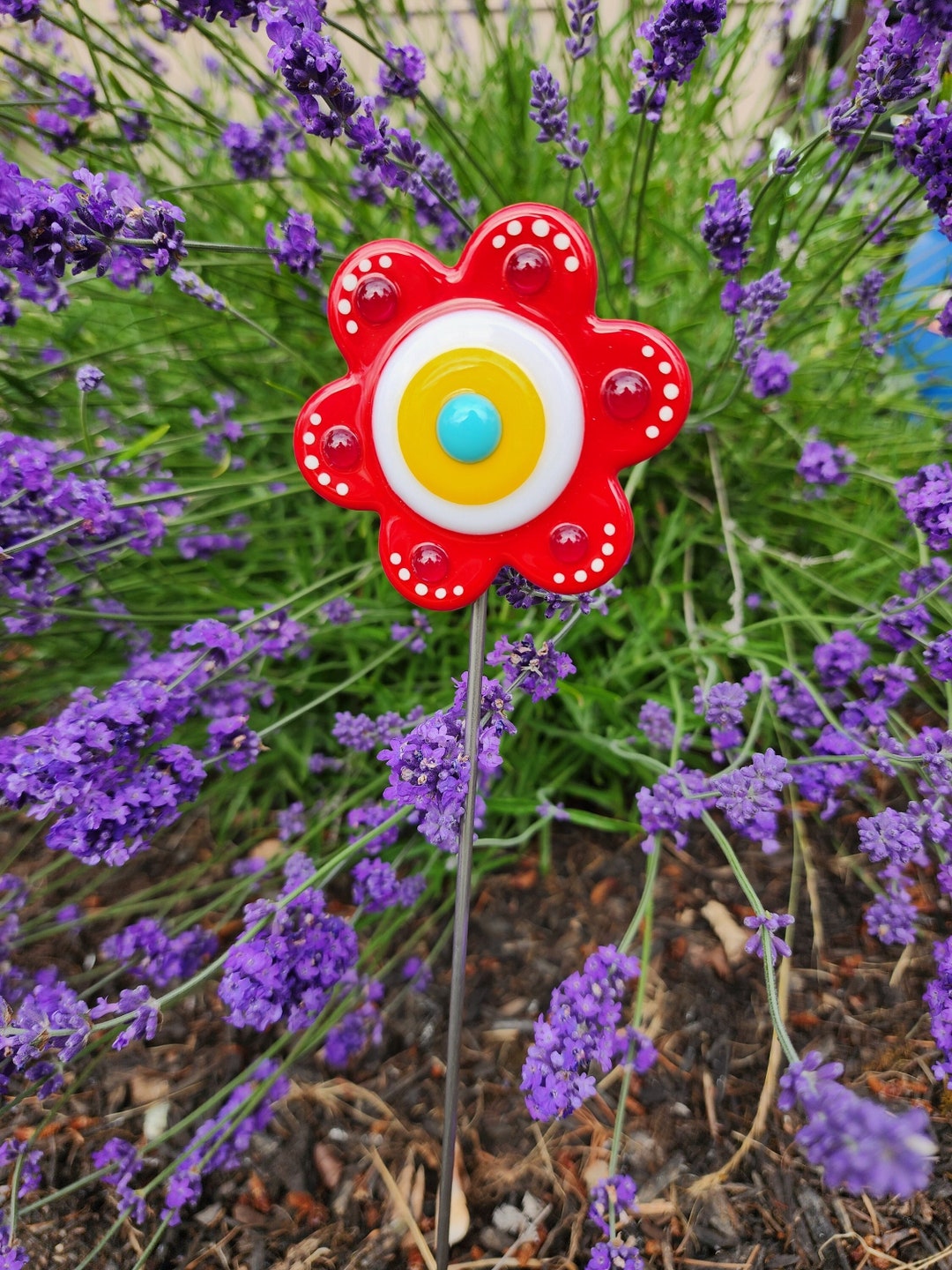 Handmade Fused Glass Flower Plant Stake: Red Button Flower - Etsy