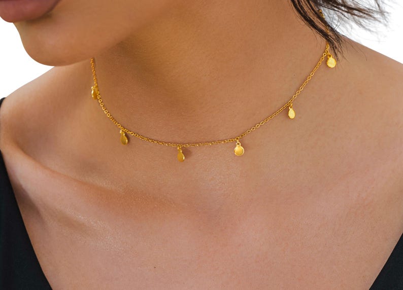 18K Gold Coin Choker Necklace, Thin Gold Choker, Gold Choker Necklace ...