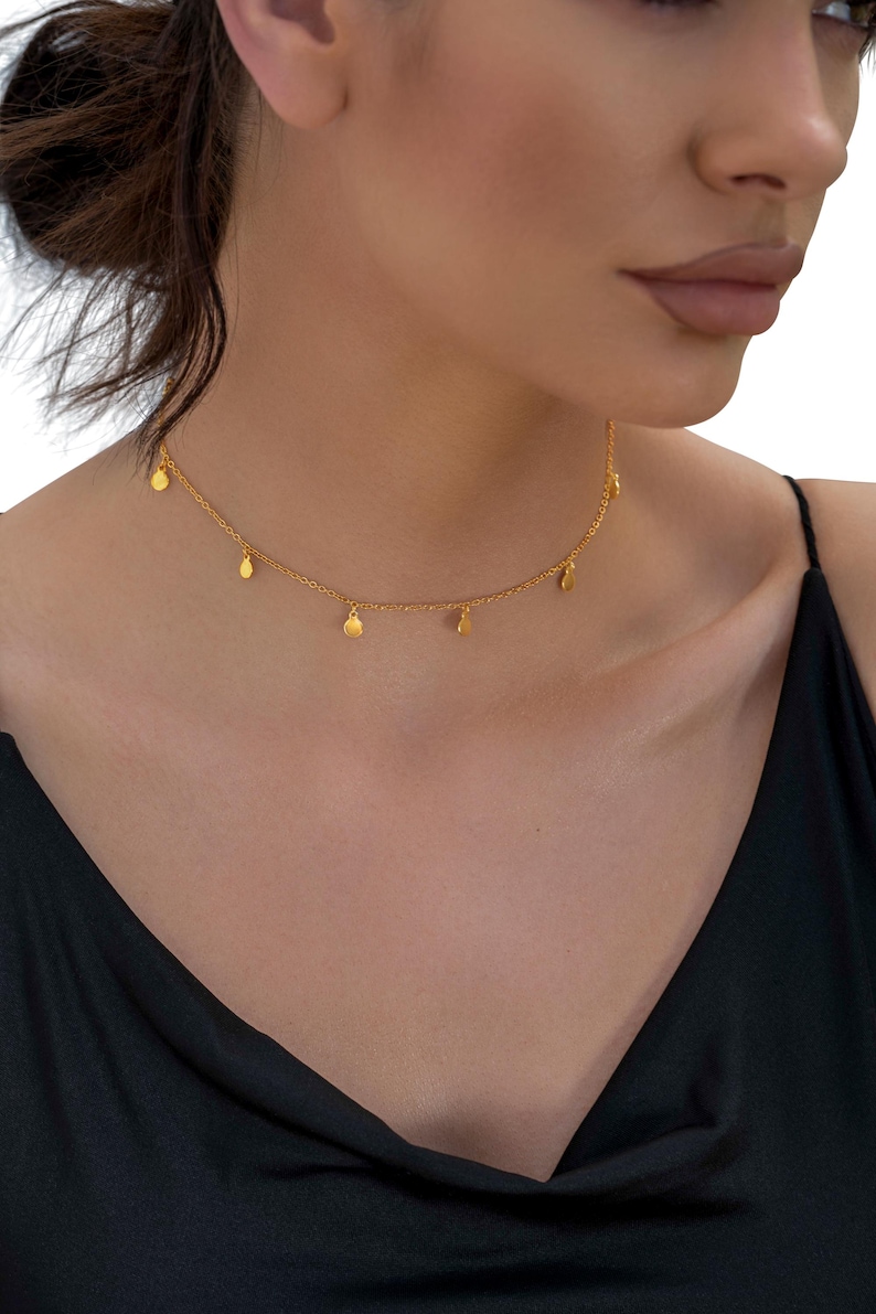 18K Gold Coin Choker Necklace, Thin Gold Choker, Gold Choker Necklace ...