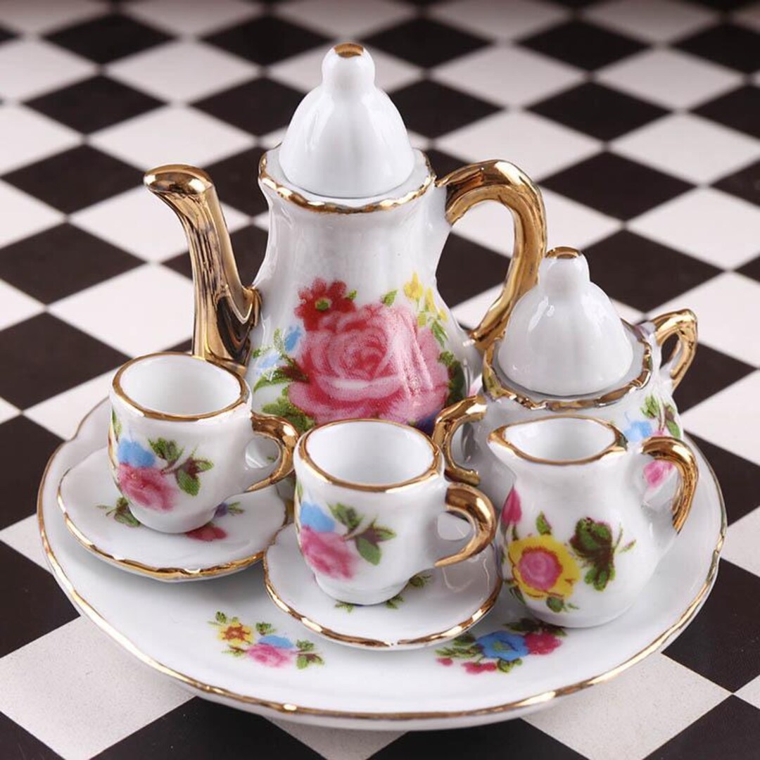 Mini Dollhouse Miniature Tea Set Dollhouse Tea Coffee Set Kitchen ...