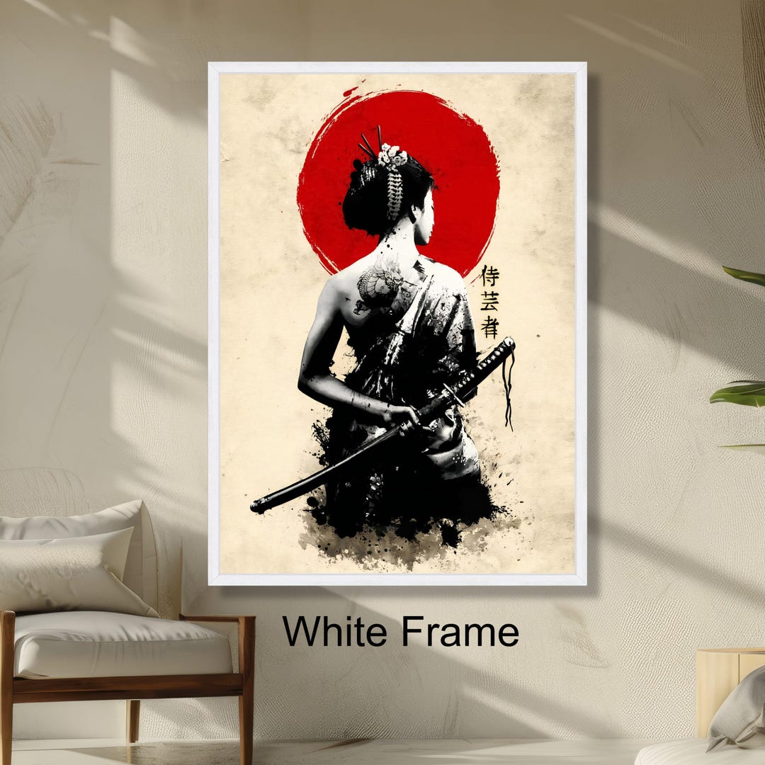 Japanese Samurai Woman Art, Katana Sword Wall Decor, Red Sun Abstract ...