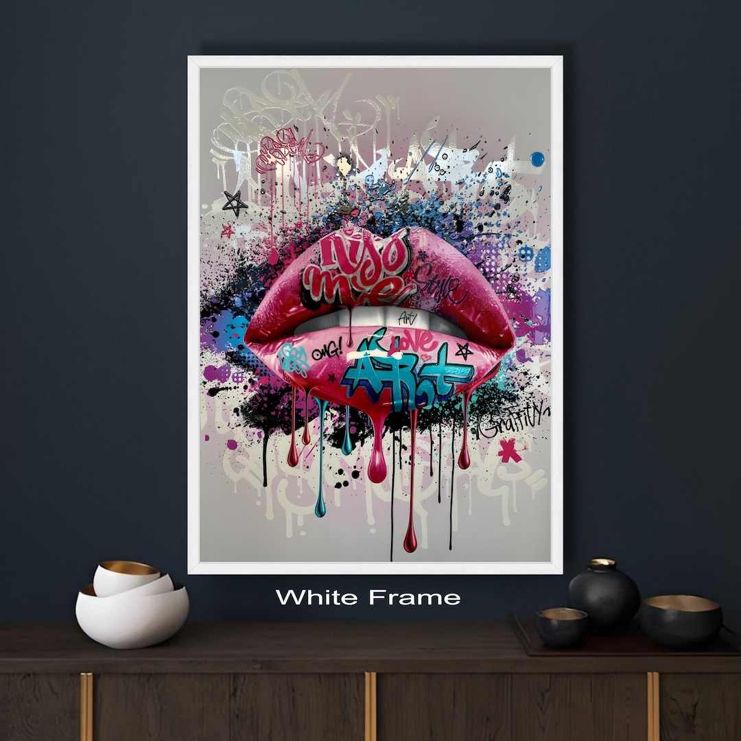 Urban Graffiti Lips Canvas, Pop Art Drip Wall Art, Modern Street Style ...
