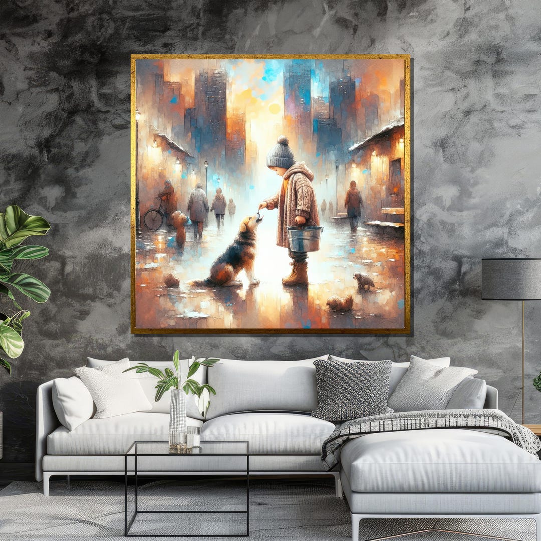 Kindness Street Scene – Child Feeding Dog Urban Winter Art – Framed ...