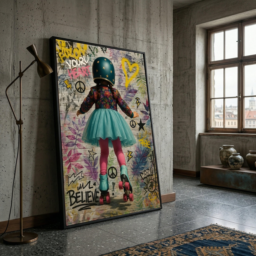 Retro Roller Skating Girl Canvas Wall Art, Colorful Graffiti Background ...