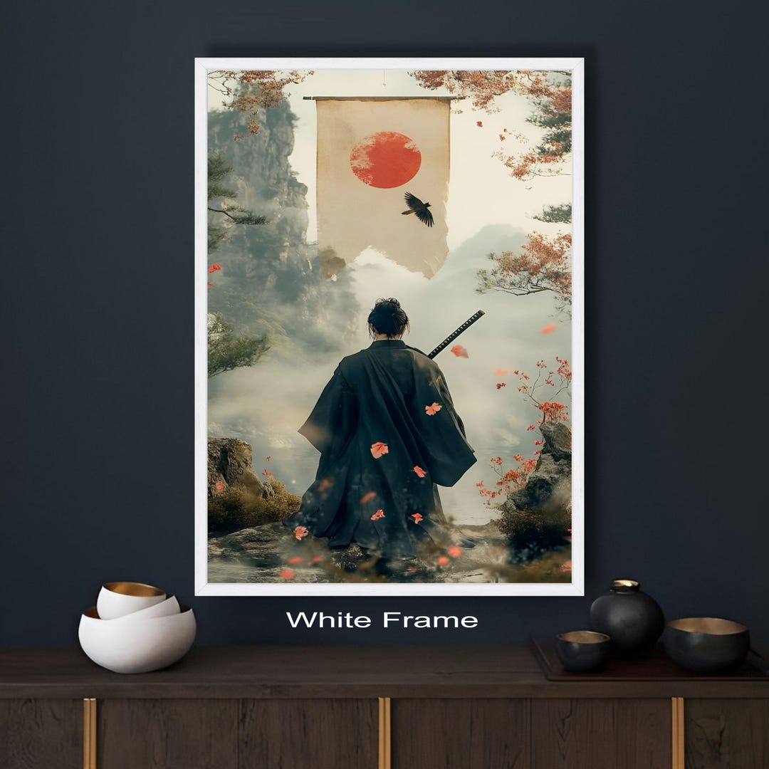 Samurai Warrior Landscape Canvas, Japanese Nature Scene Wall Art, Red ...