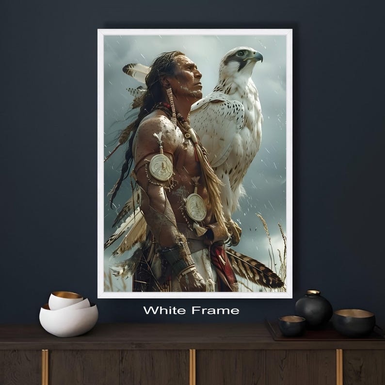 Native American Warrior With White Falcon Canvas Wall Art, Tribal ...