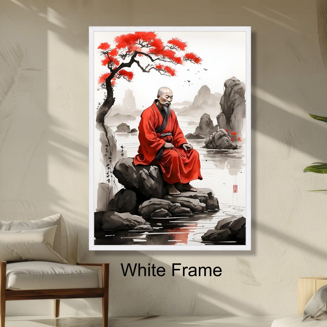 Meditative Monk by Water, Asian Zen Wall Art, Red Robe Spiritual Art ...