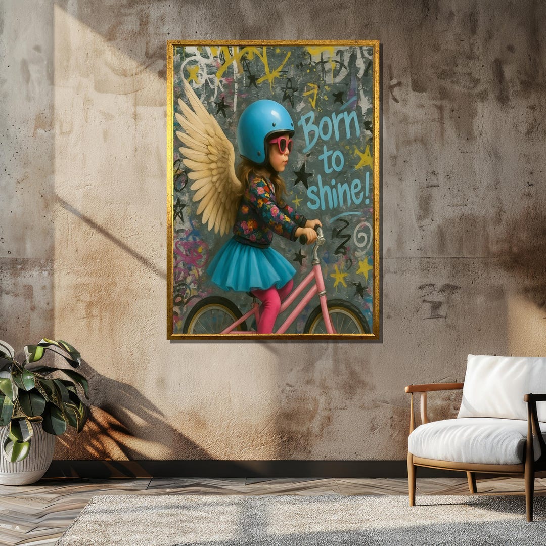 Bicycle Girl With Angel Wings Graffiti Painting, Framed (black, White ...