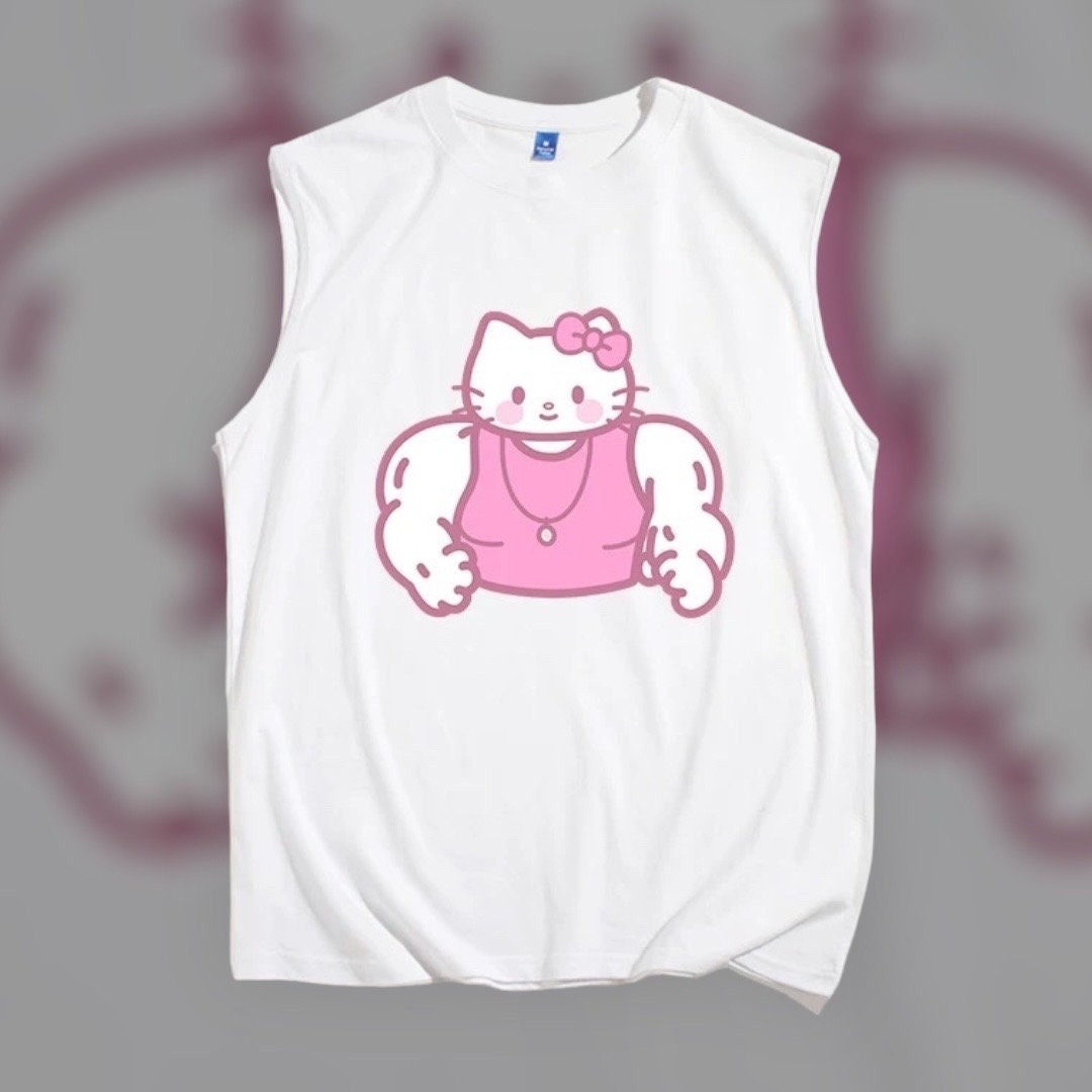 Buff Hello Kitty Tank Funny Cute Cartoon Cat With Muscles Unique ...