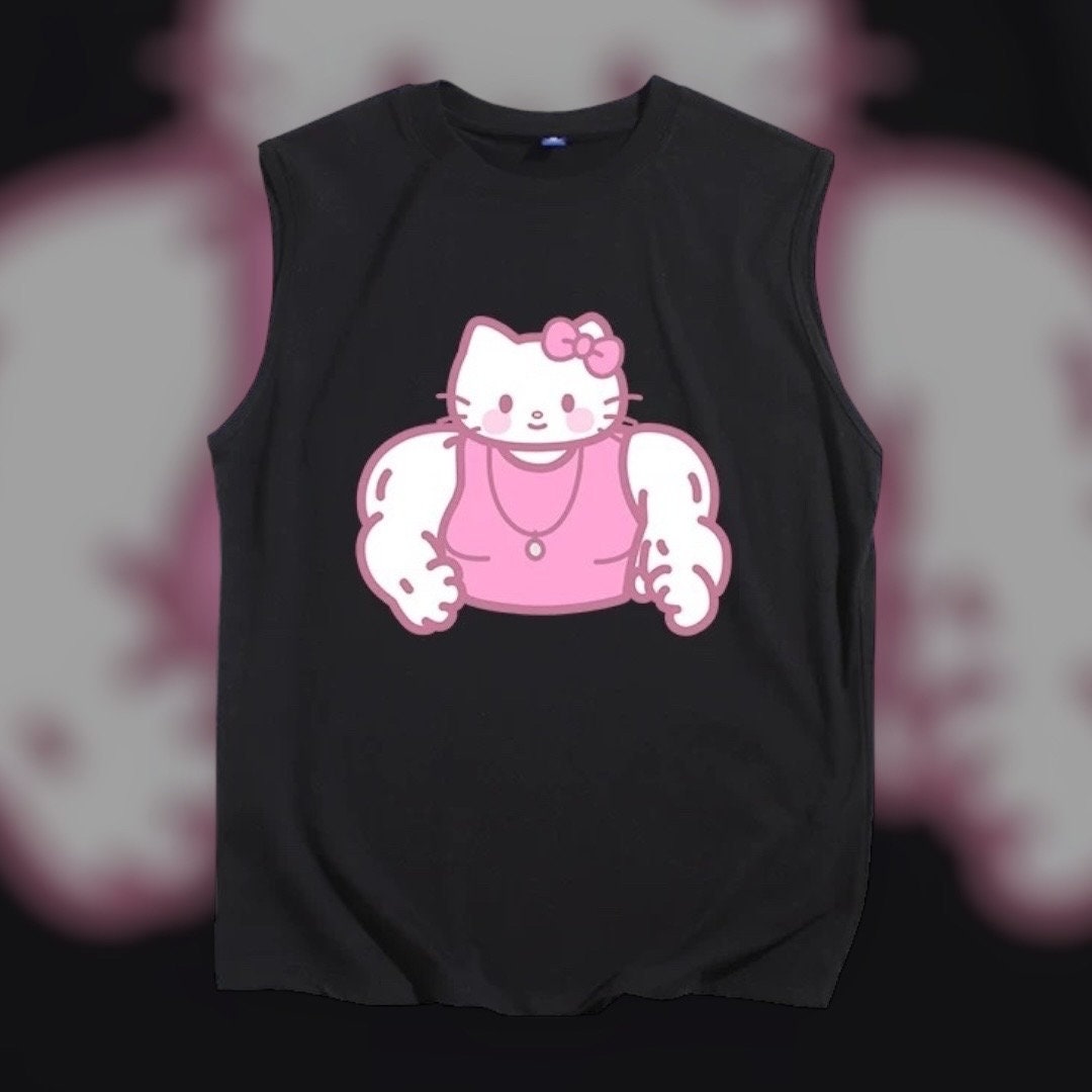 Buff Hello Kitty Tank Funny Cute Cartoon Cat With Muscles Unique ...