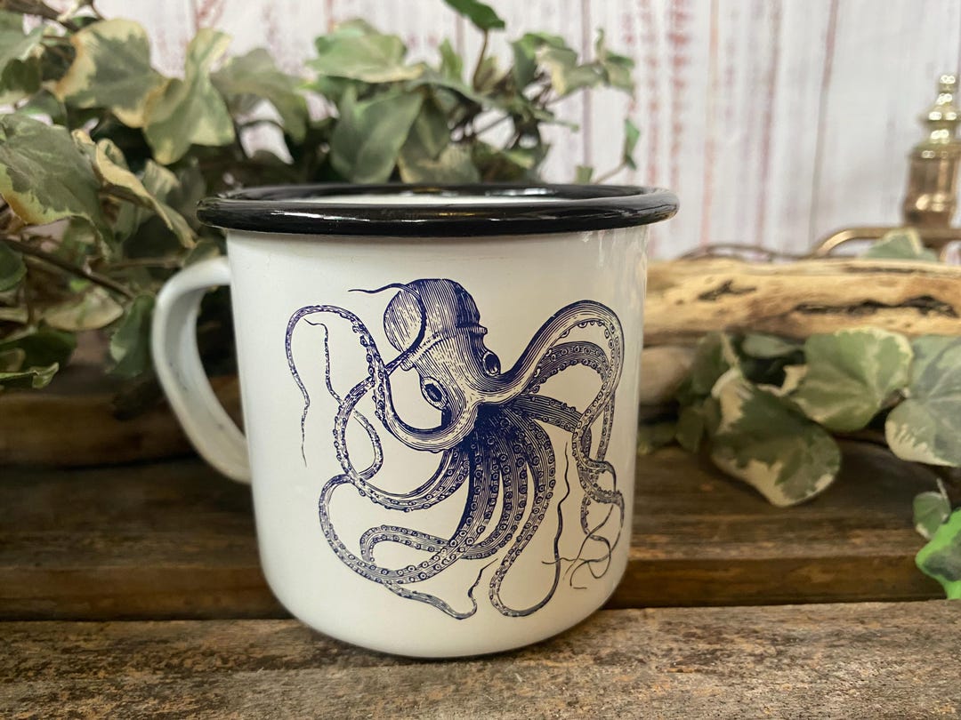 Enamel Tin Cup With Octopus Design/ocean Inspired Drinkware/nautical ...