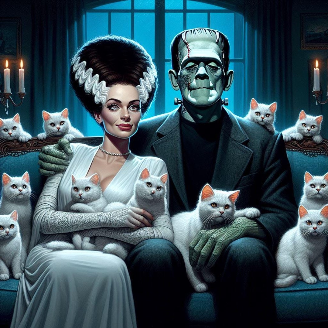 T-shirt With Frankenstein and His Bride Sitting on a Couch With Kittens ...