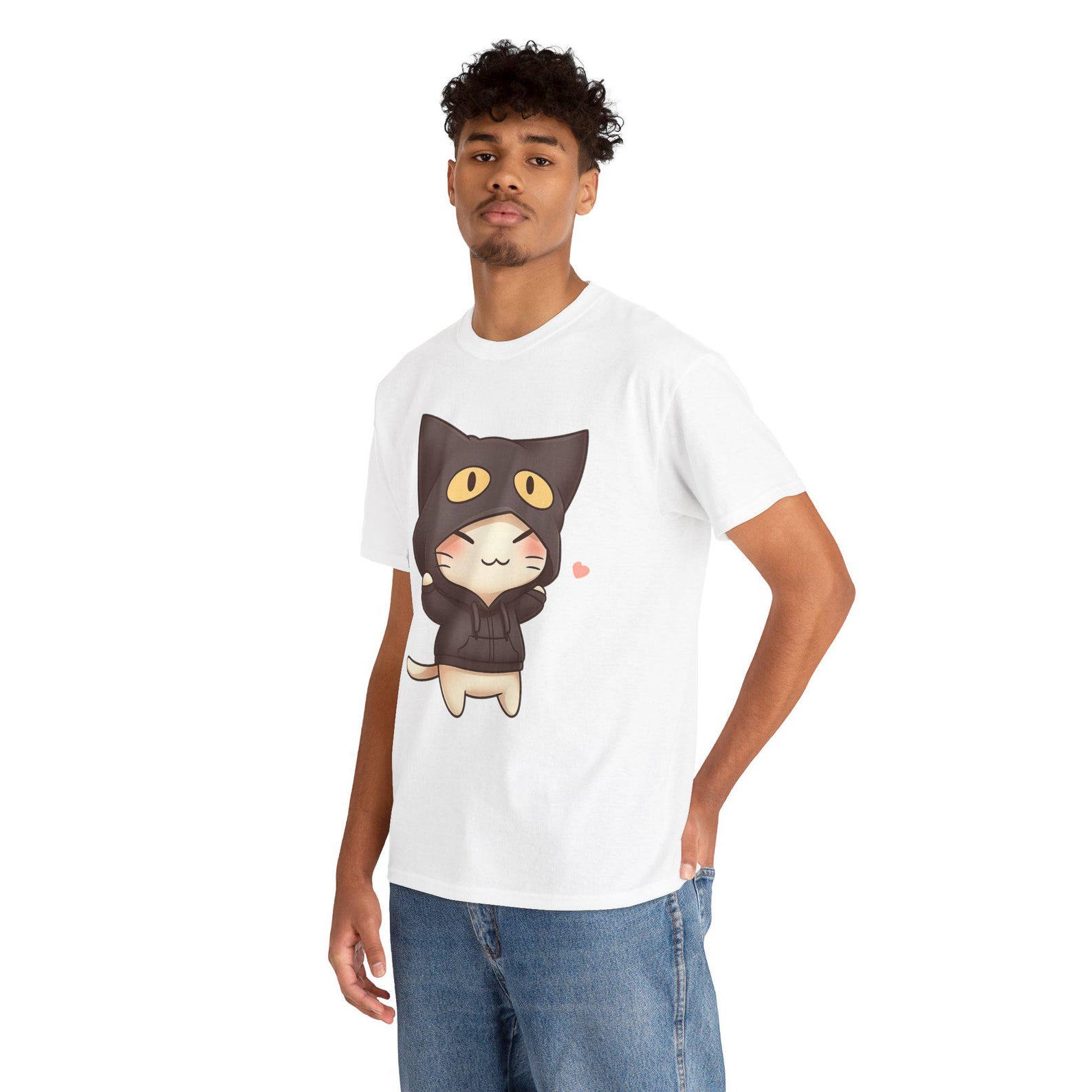 Chibi Cat Hoodie Tee, Cute Kawaii Black Cat Graphic Shirt, Funny Cat ...