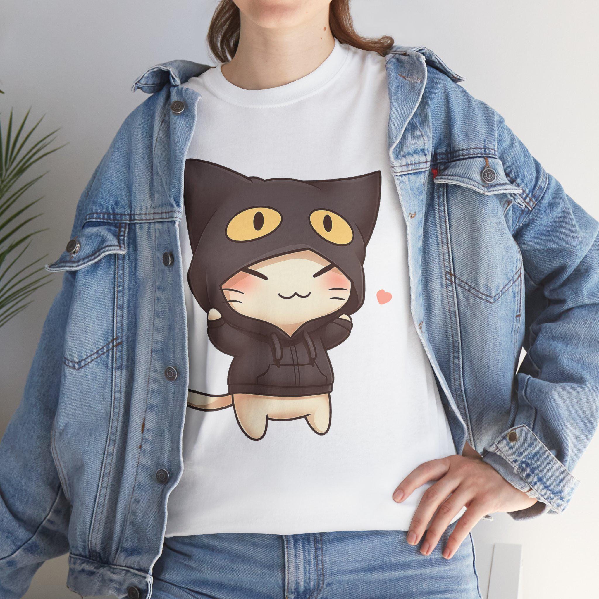Chibi Cat Hoodie Tee, Cute Kawaii Black Cat Graphic Shirt, Funny Cat ...