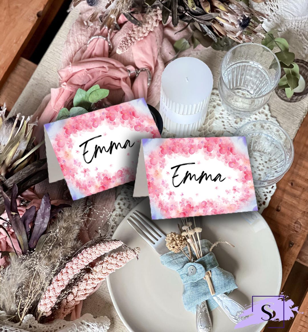 Watercolor Floral Name Card Template for Dinner Party (digital Download ...