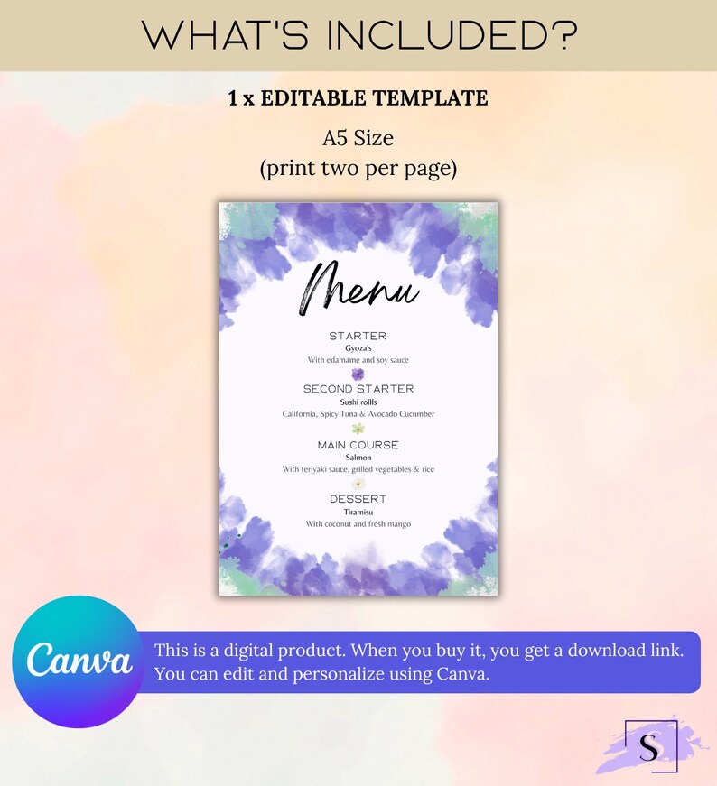 Purple Watercolor Floral Menu Card Template, Editable Printable ...