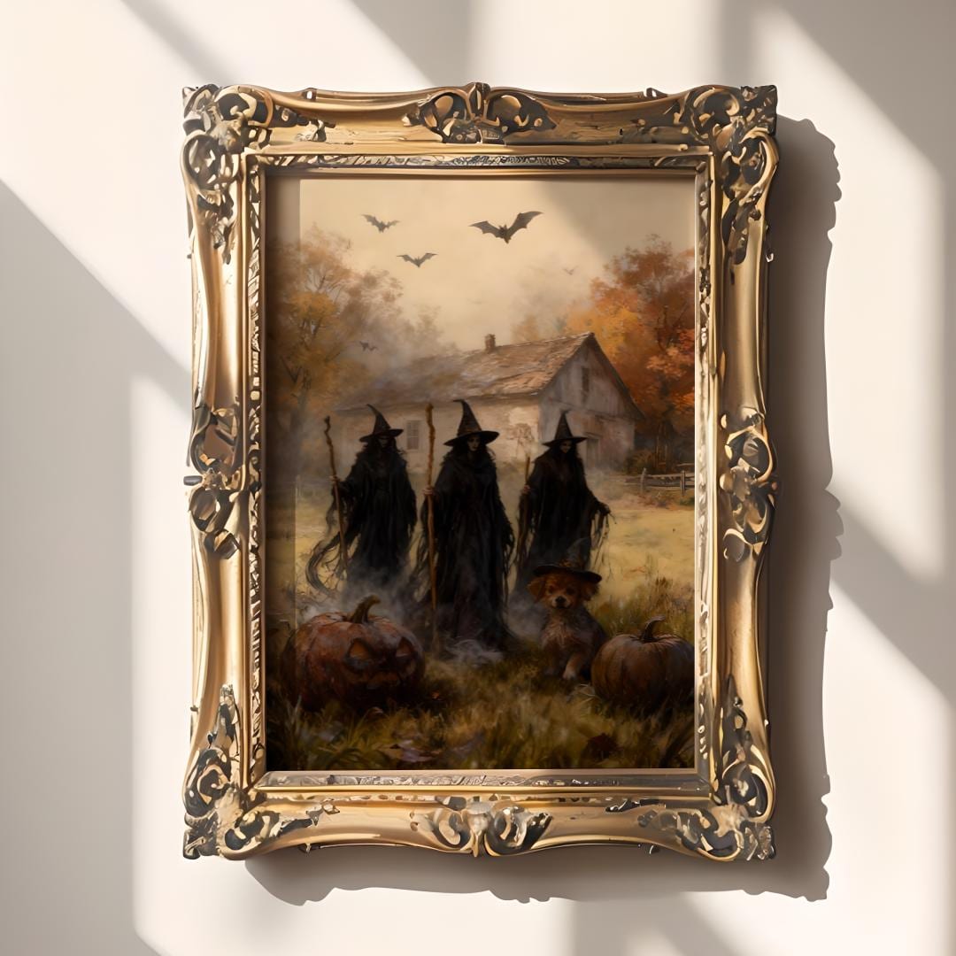Vintage Halloween Witch Trio Print: Gothic Autumn Farmhouse Decor ...