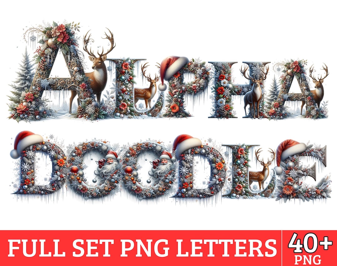 Winter Christmas Alphabet Clipart 40 PNG Letters With Santa Hats ...