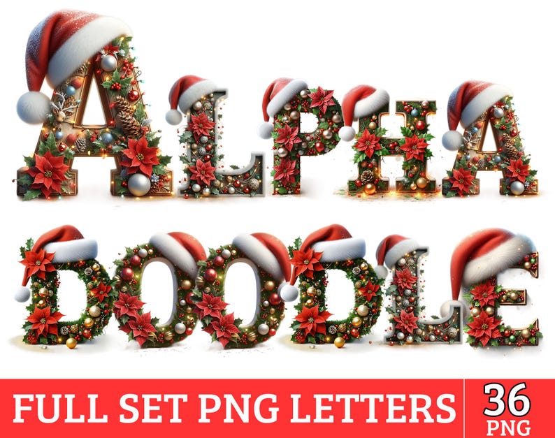 Christmas Alphabet Clipart Set 36 PNG Letters With Santa Hats ...