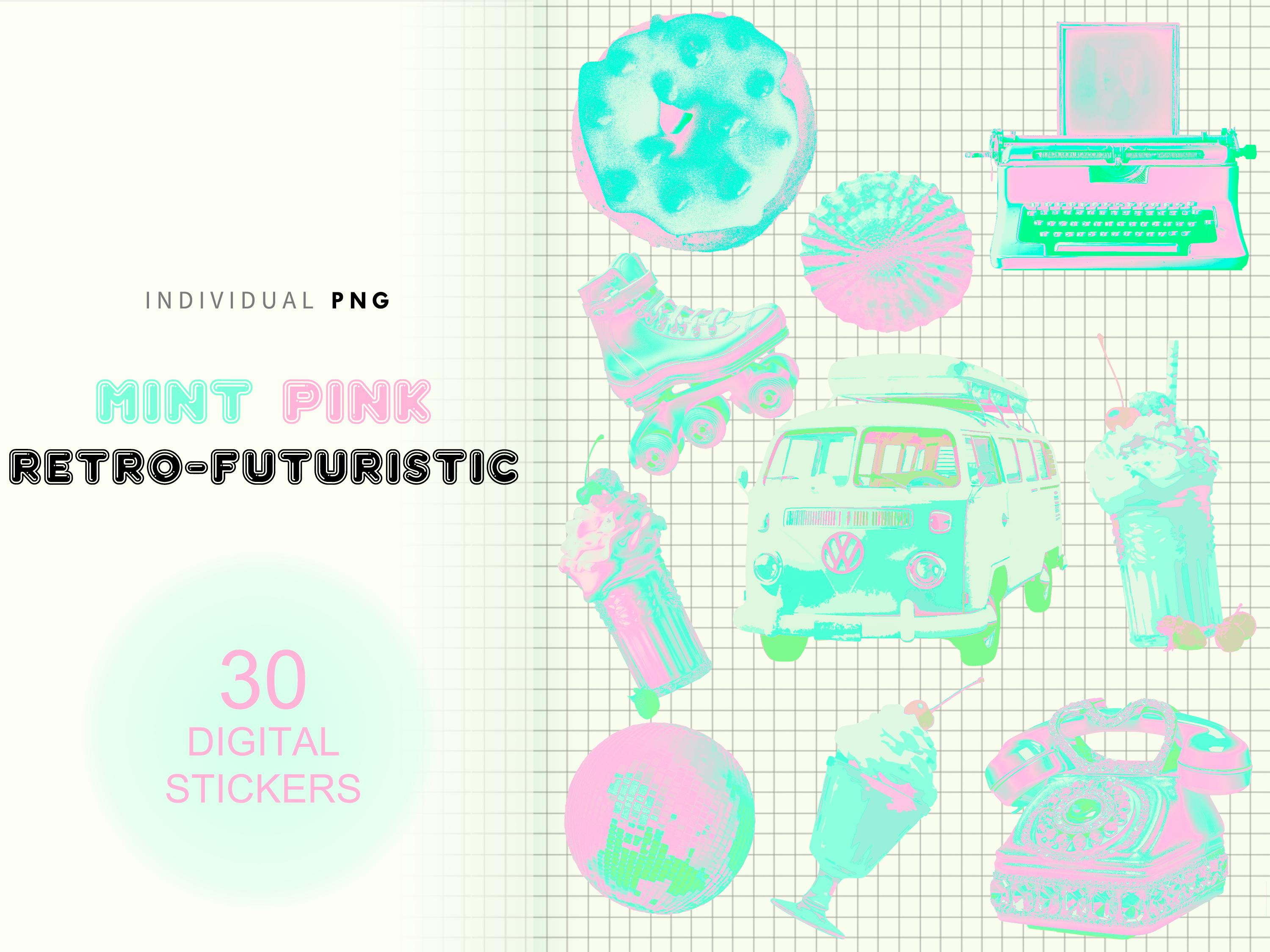 Digital Stickers Pack - Y2k - Mint Pink Retro Futuristic Stickers for ...