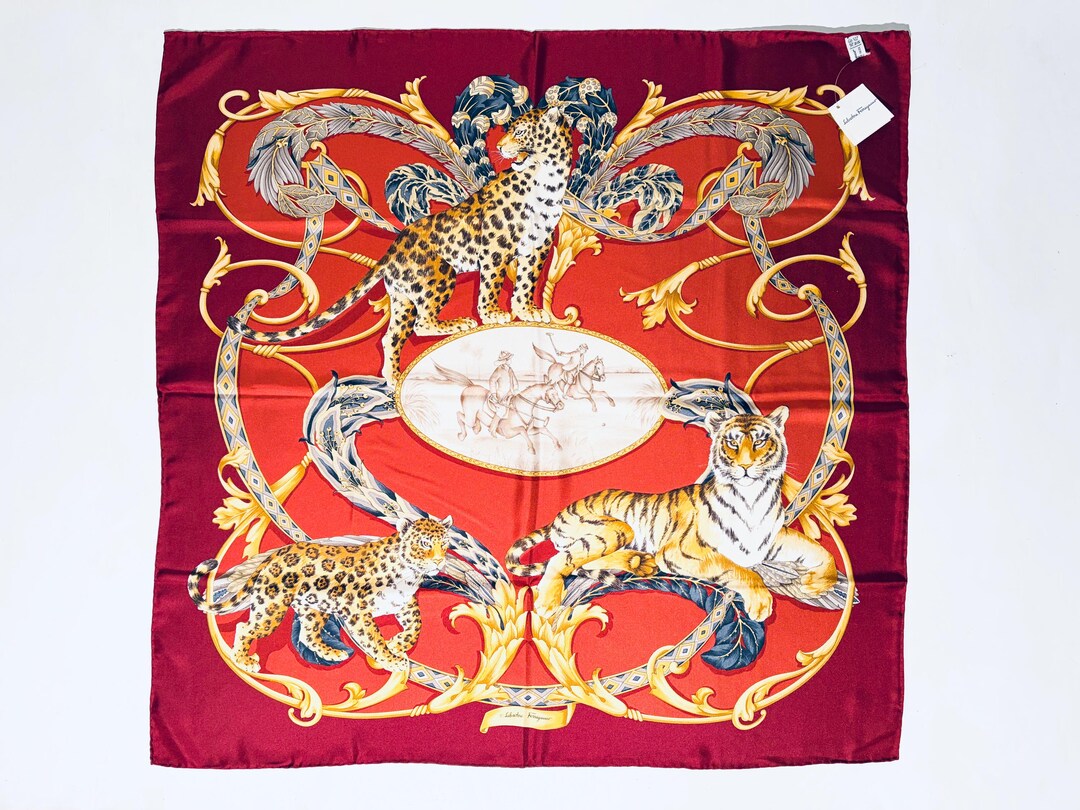 Salvatore Ferragamo Leopard & Tiger Motif Bordeaux Designer Silk Scarf ...